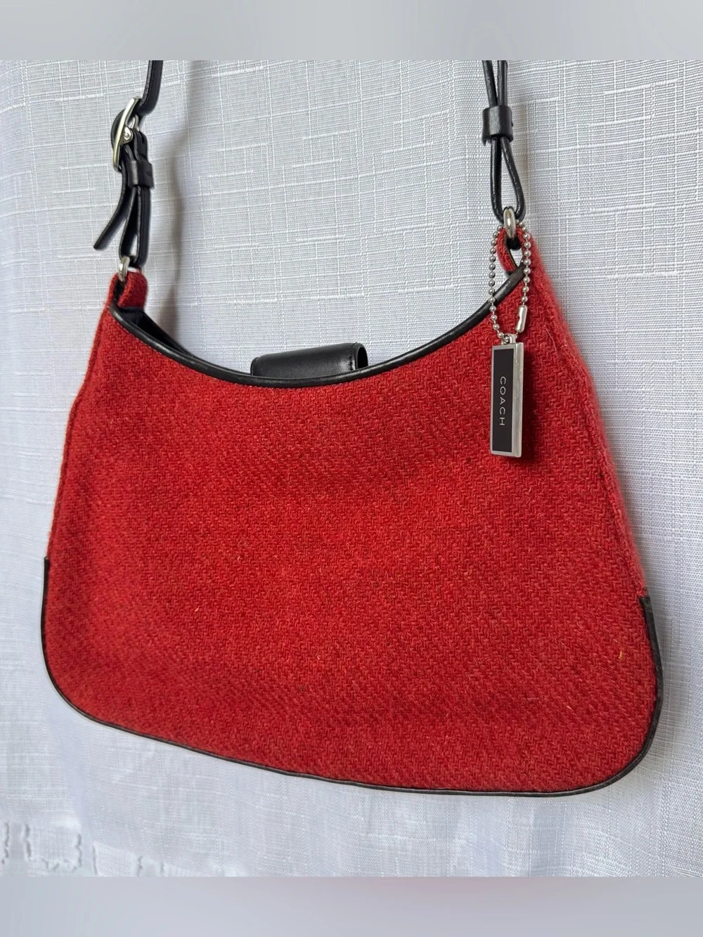Coach | Bags | Coach Vintage Red Wool Shoulder Bag With Brown Trim ...